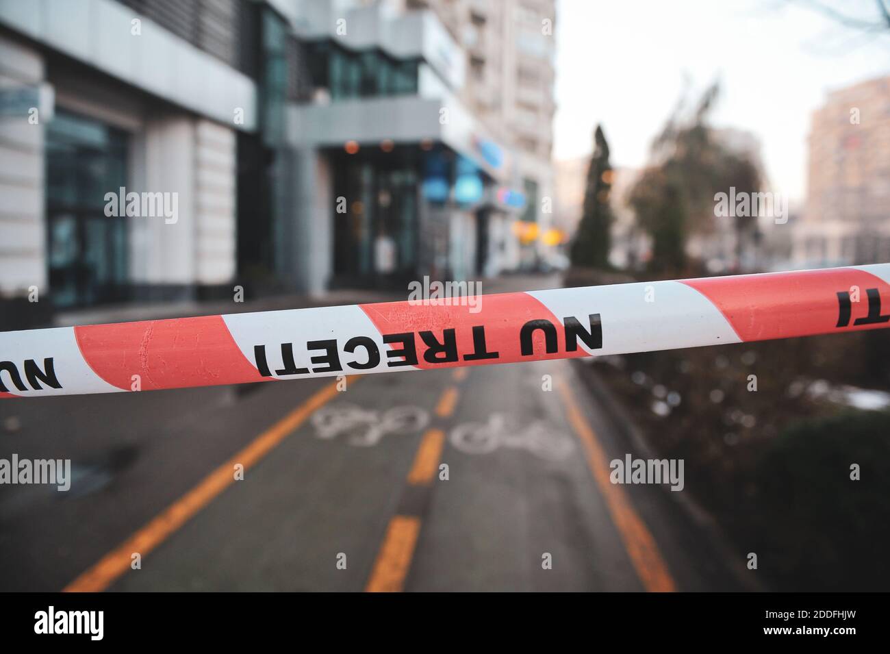 Upside down Romanian Police plastic tape reading Nu treceti (Do not ...