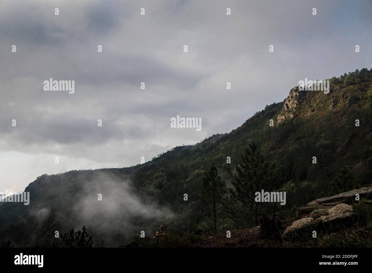 Mountain landscape on a foggy day with sun openings as the fog lifts up ...