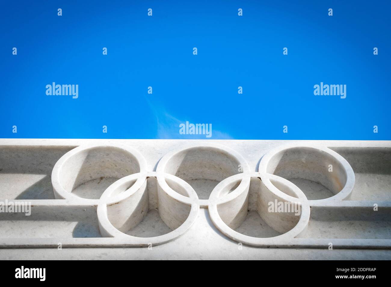 The Olympic Rings logo is pictured in front of the headquarters of the ...