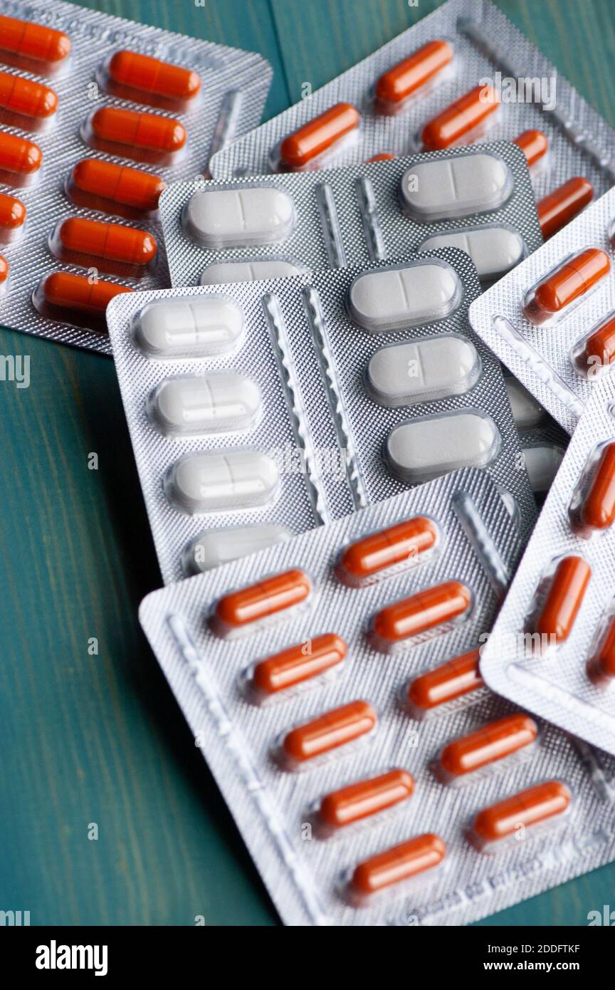 Medicine pills in packs, pills packed in blister pack. Full frame ...