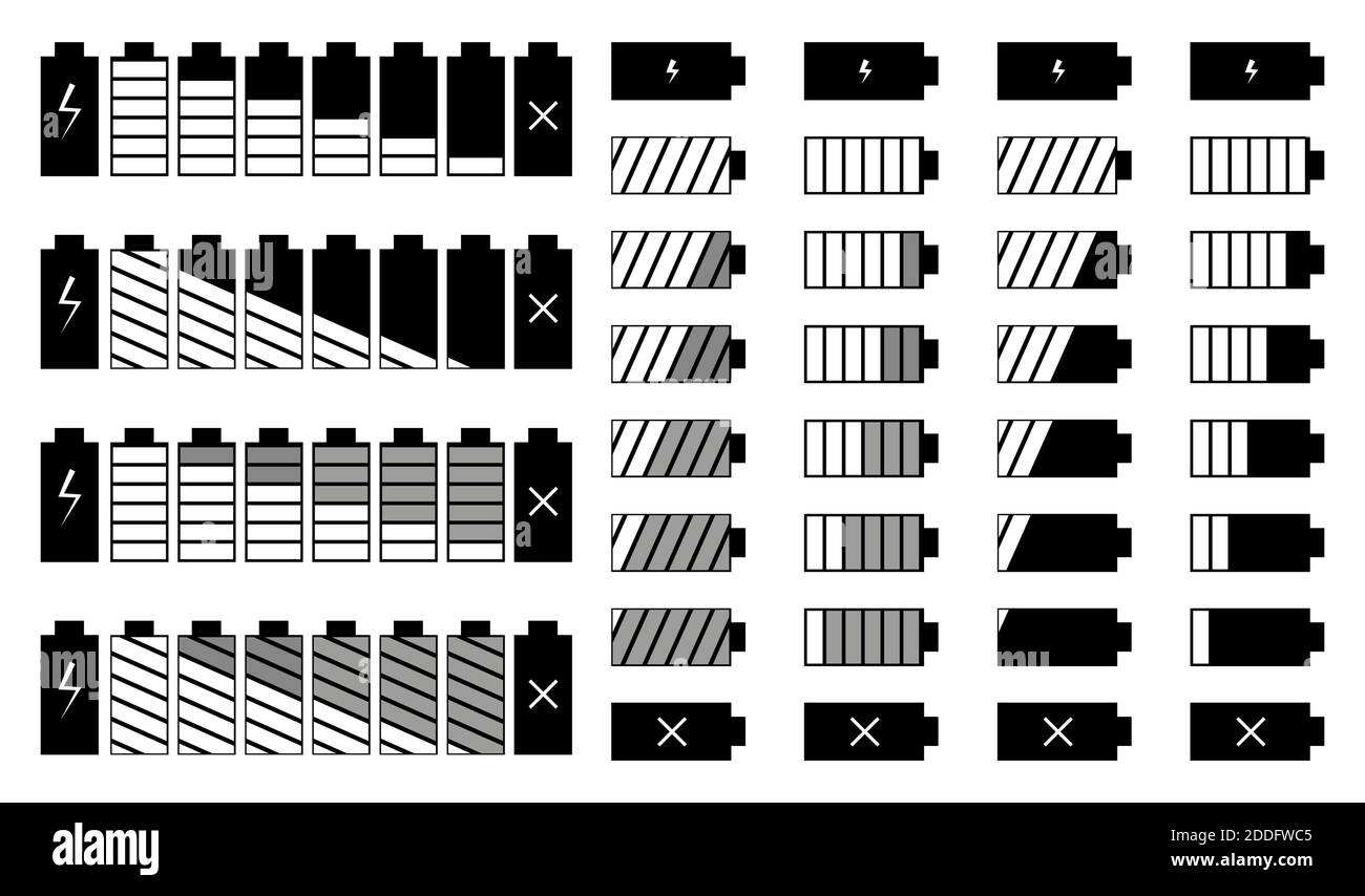 Battery charge vector icon set. Vector set of mobile interface top line ...