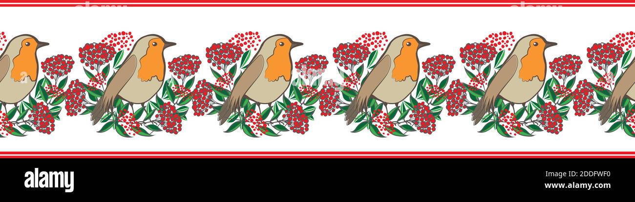 Elegant vector border with Robin Redbreast and cotoneaster berries and leaves. Banner with ...