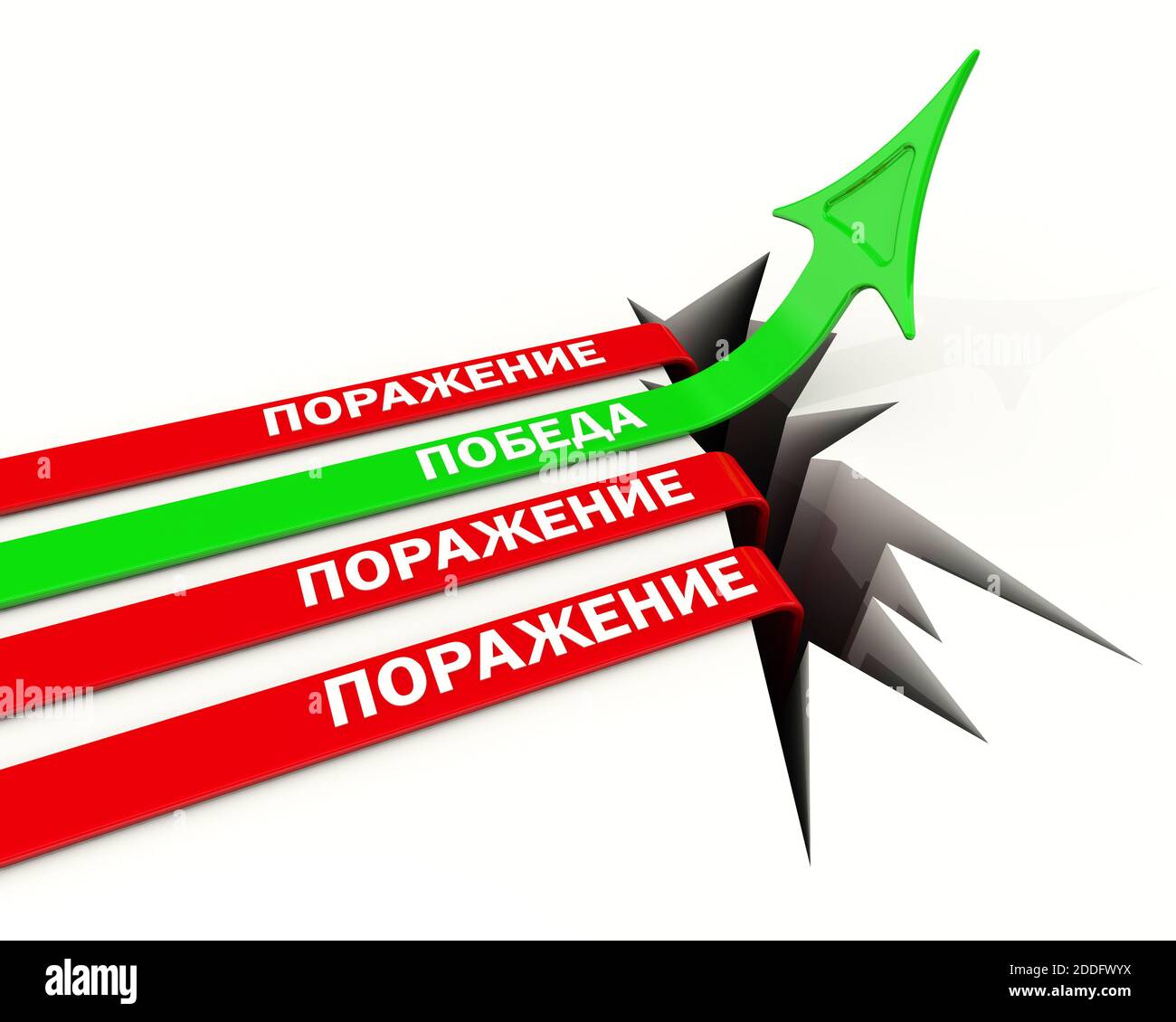 Victory among defeats. Green arrow with Russian word VICTORY overcomes ...