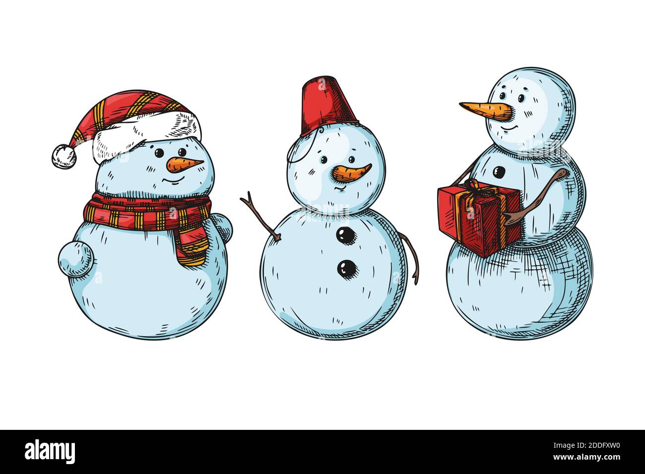 Set of different snowmen isolated on white background. Sketch, hand ...