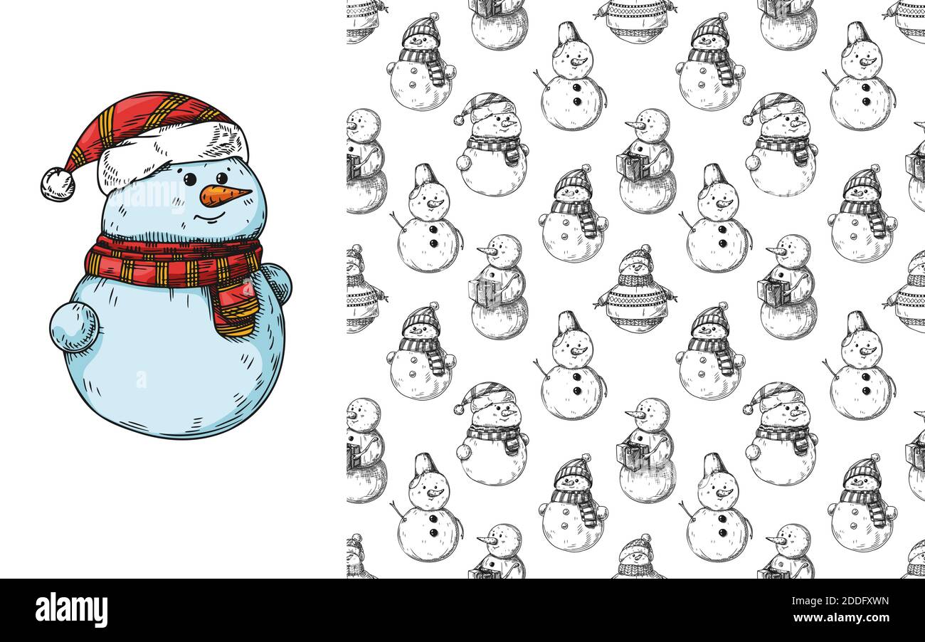 Christmas seamless pattern with snowmans. Sketch, vector illustration ...
