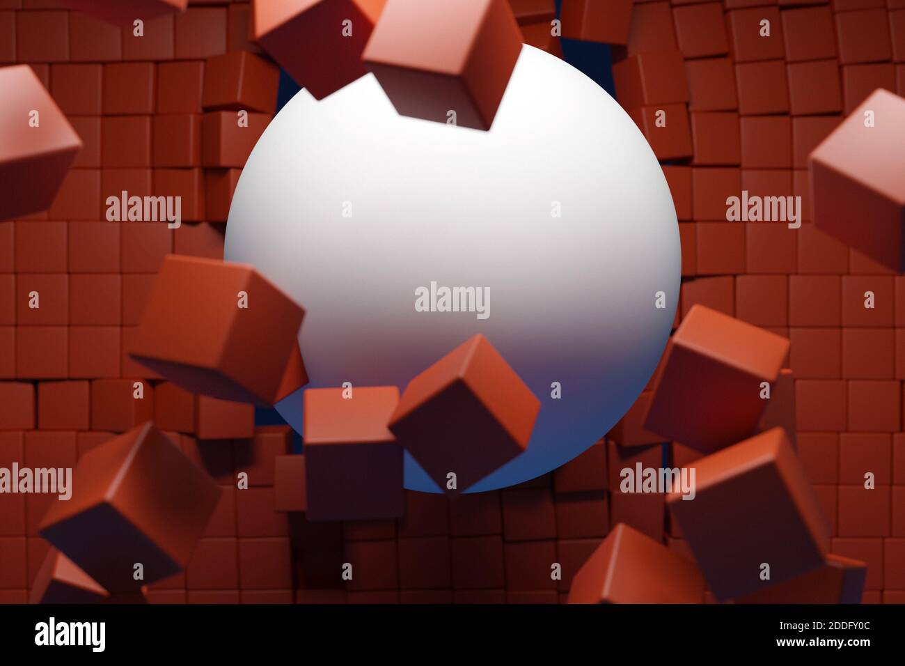 3d illustration of a large white ball bursting out of a wall of brown ...