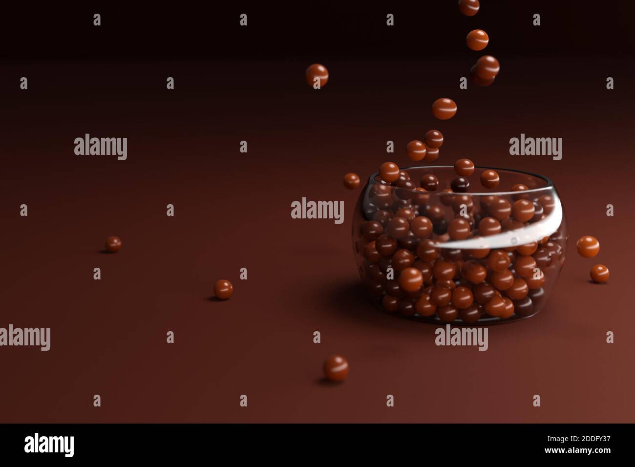 3d illustration of small glass plates with chocolate candies on a brown ...