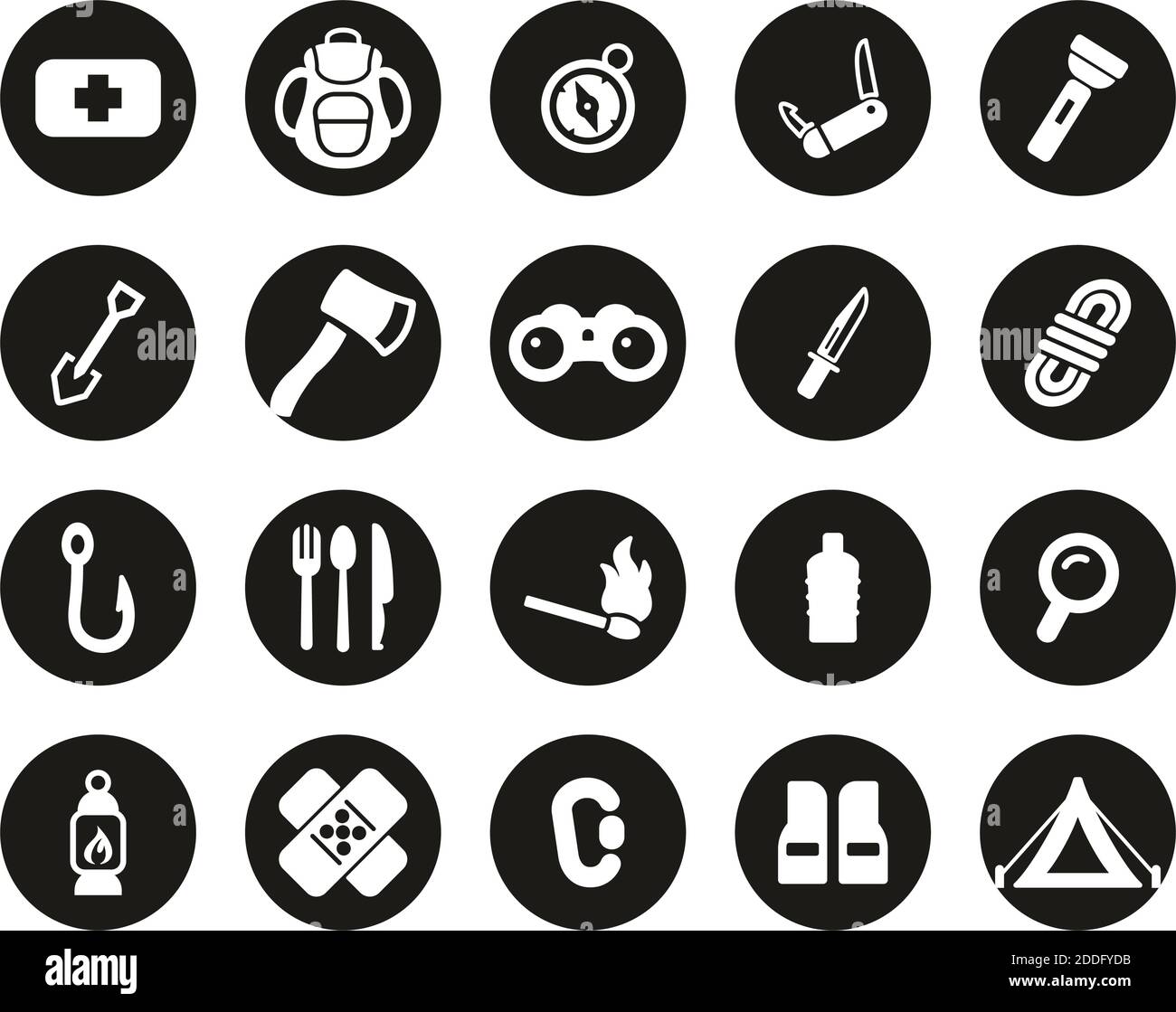 Survival Kit Icons White On Black Flat Design Circle Set Big Stock ...
