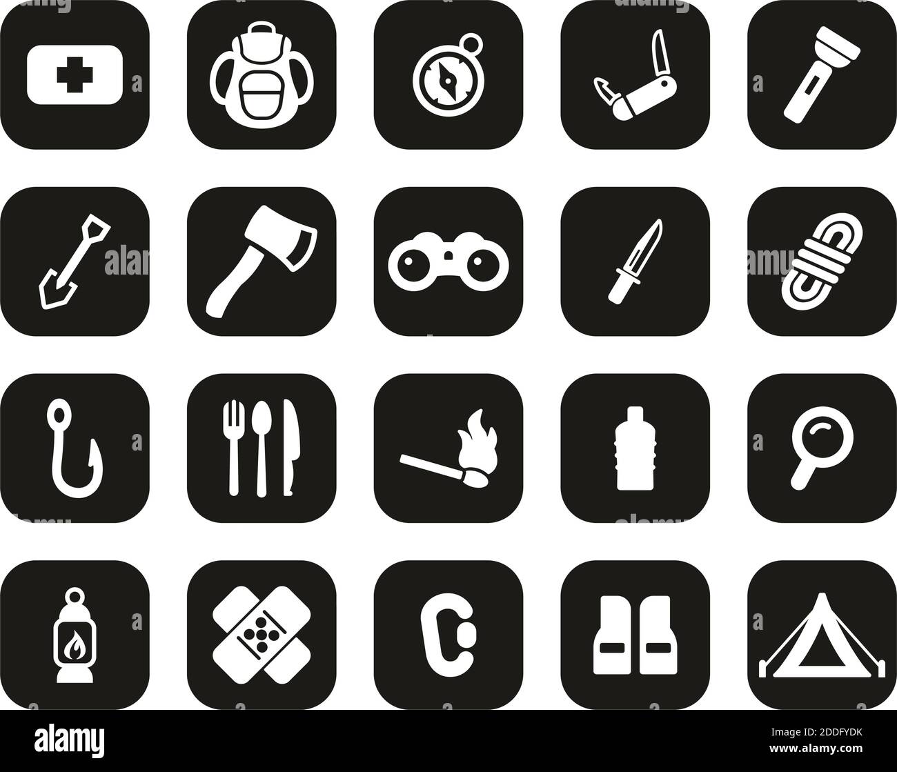 Survival Kit Icons White On Black Flat Design Set Big Stock Vector ...