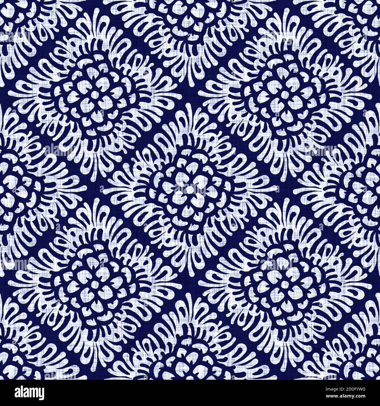 Indigo blue flower block print dyed linen texture background. Seamless ...