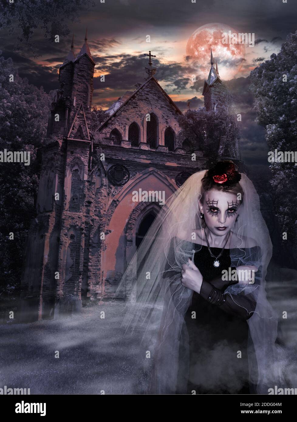 woman ghost in a wedding veil against the background of an old castle ...