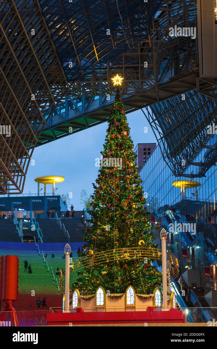 Japan, Kyoto, JR Kyoto railway station, Christmas tree and illuminated ...