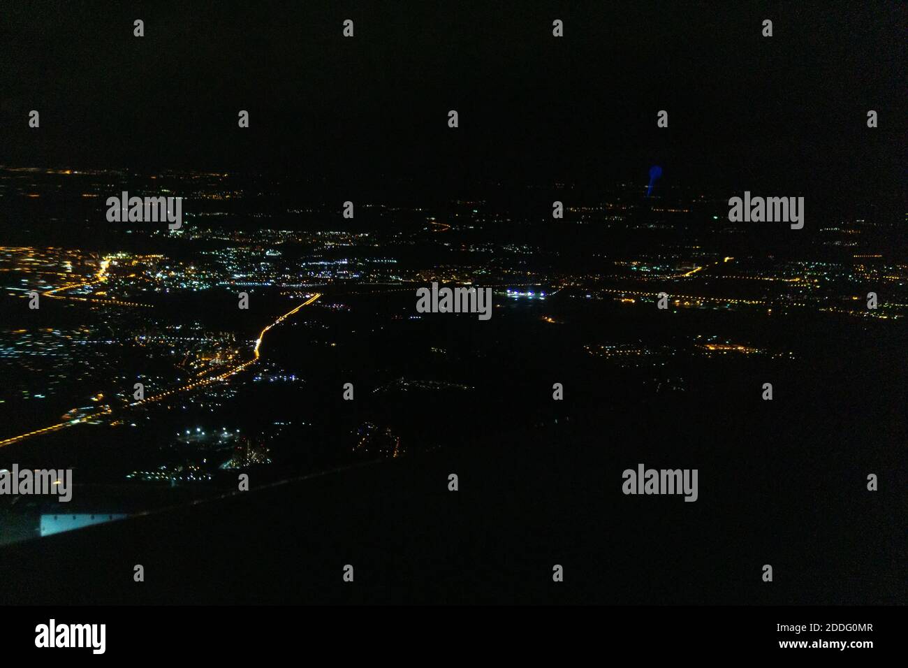 View from the window of a passenger plane during the flight night the ...