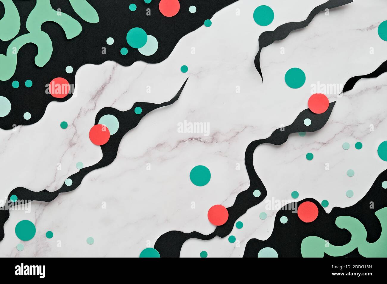 Abstract organic forms in red, green, black on marble. Background with ...