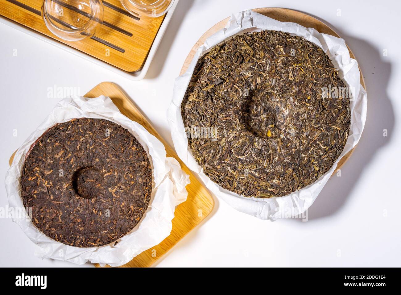 Chinese Tea Shu Shen Puer. Close-up. Pressed Tea. top view flat lay ...