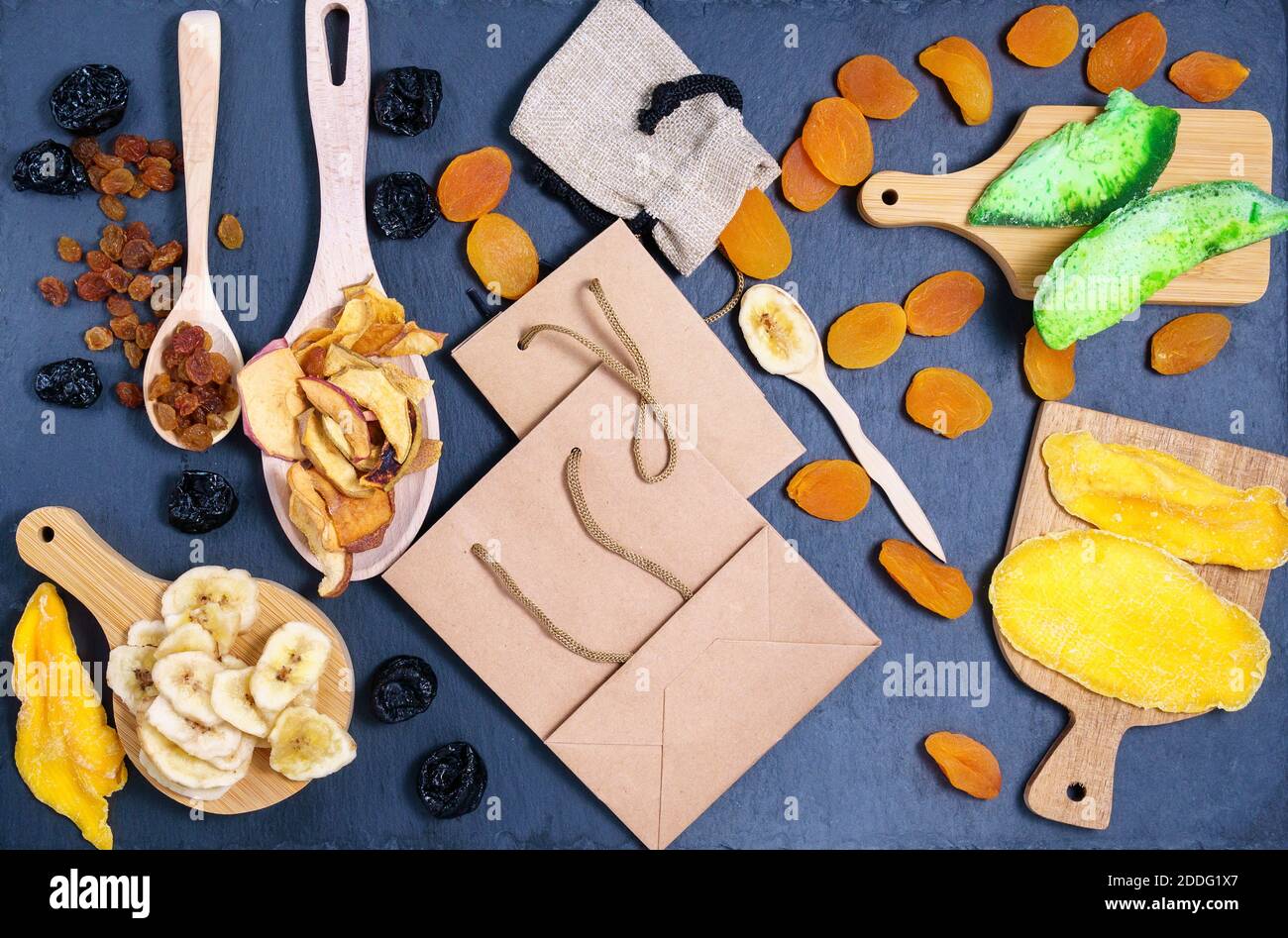 Organic dried fruits craft eco packaging. dried apricots, raisins ...