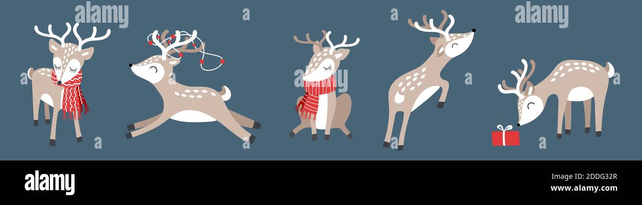 Cute cartoon reindeers collection. Christmas woodland animals on blue ...