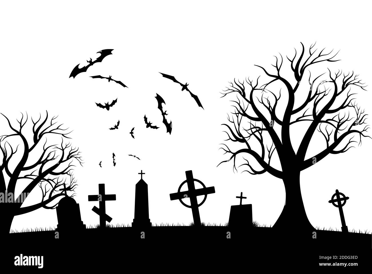 Halloween scary graveyard background with trees, crosses and bats. Halloween. Silhouette of a ...