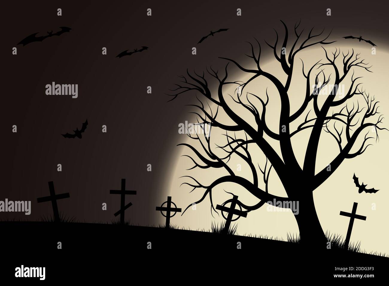 Halloween scary graveyard background with trees, crosses and bats. Halloween. Silhouette of a ...