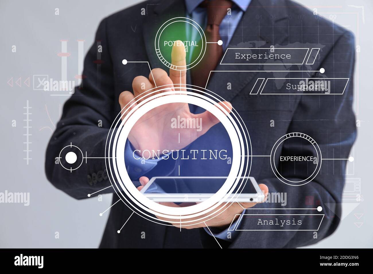 Business consultant with tablet computer using virtual screen on light ...