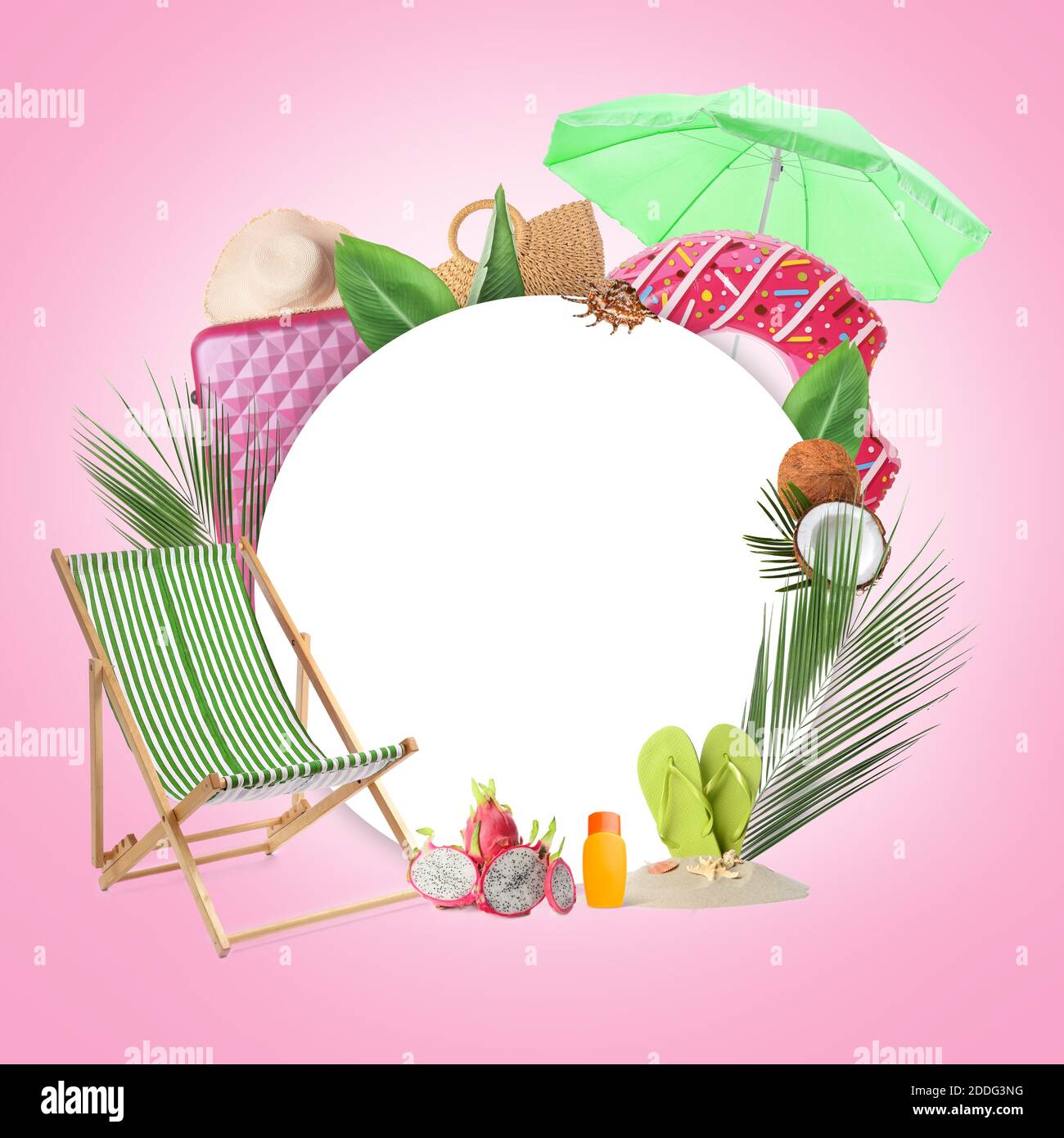 Collage of beach accessories on color background with place for text ...