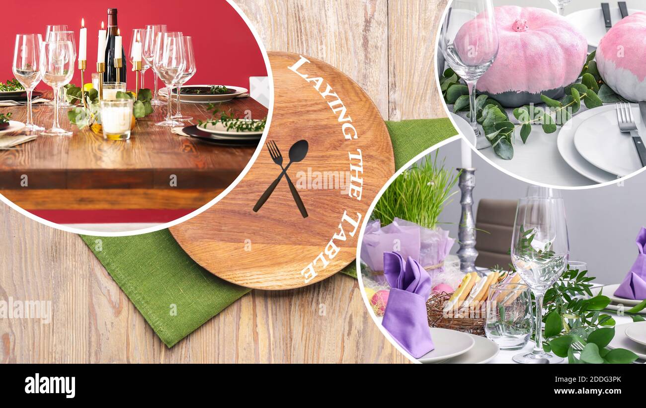 Collage with different table settings Stock Photo - Alamy