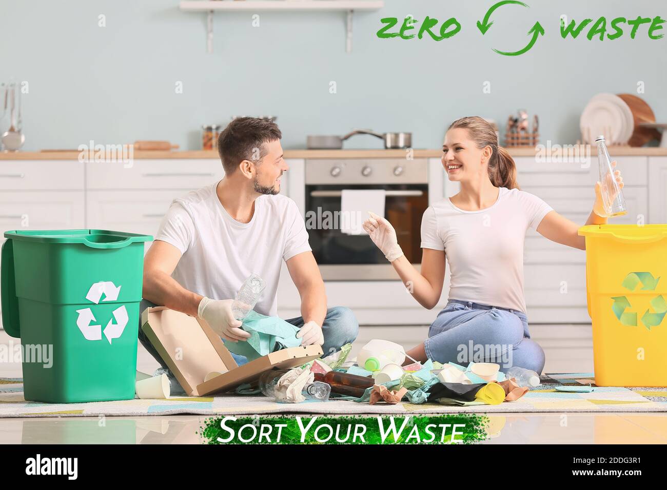 Couple sorting garbage at home. Concept of recycling Stock Photo - Alamy