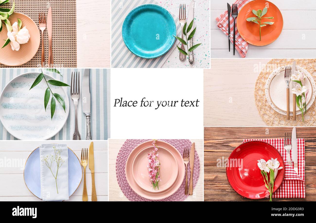 Collage with different table settings and place for text Stock Photo ...