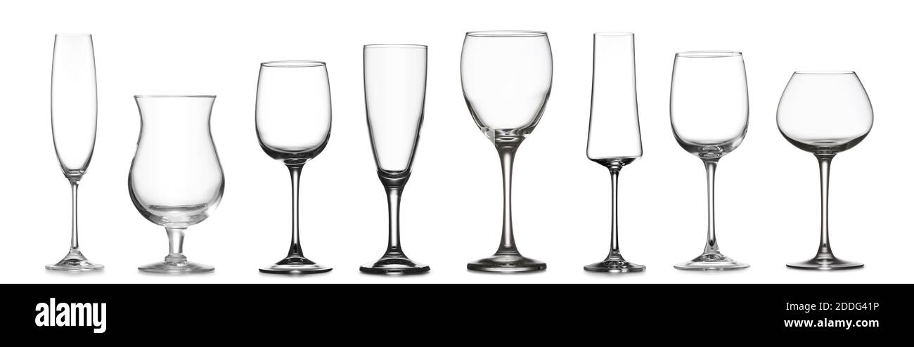 Different empty glasses on white background Stock Photo - Alamy