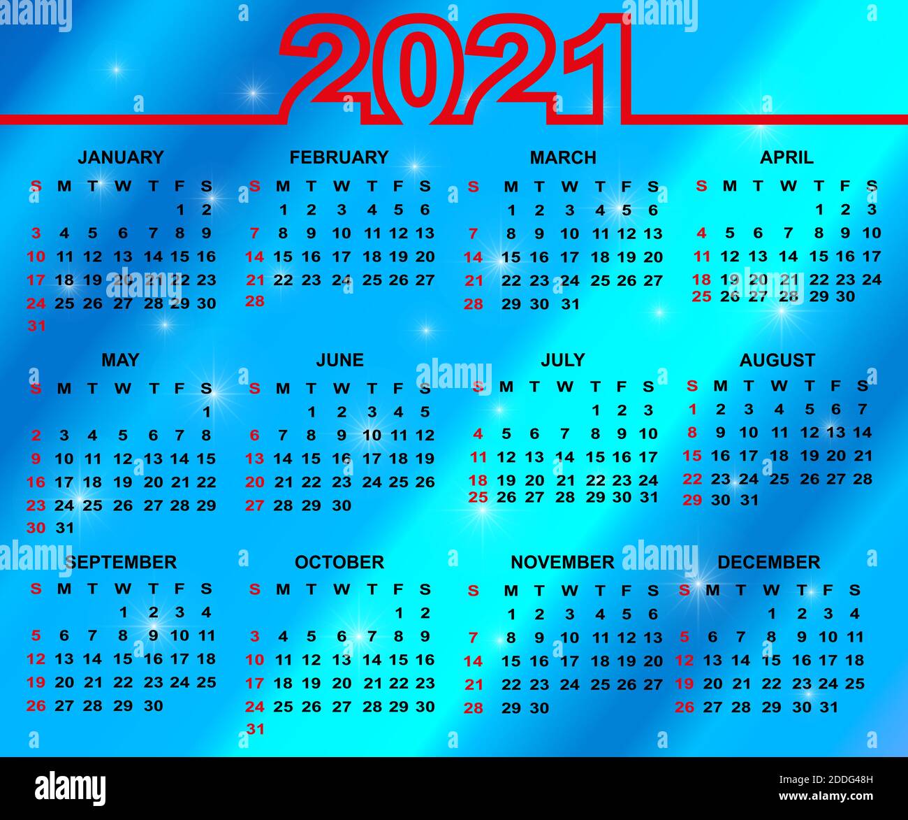 Calendar 2021. The week begins on Sunday. Simple calendar template ...