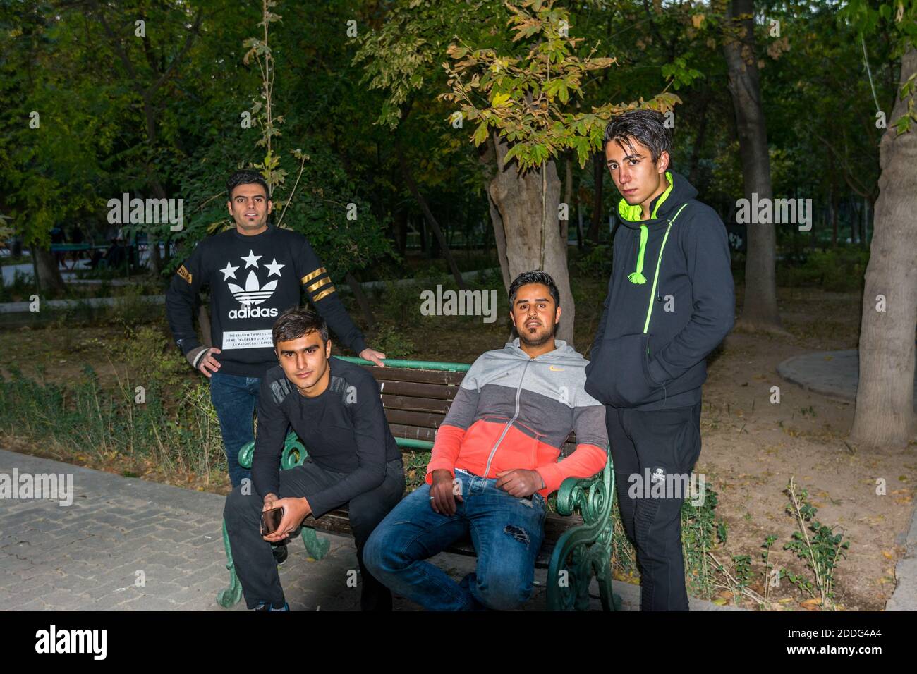 A group of Iranian young men sitting in the bench in the park in Tehran ...