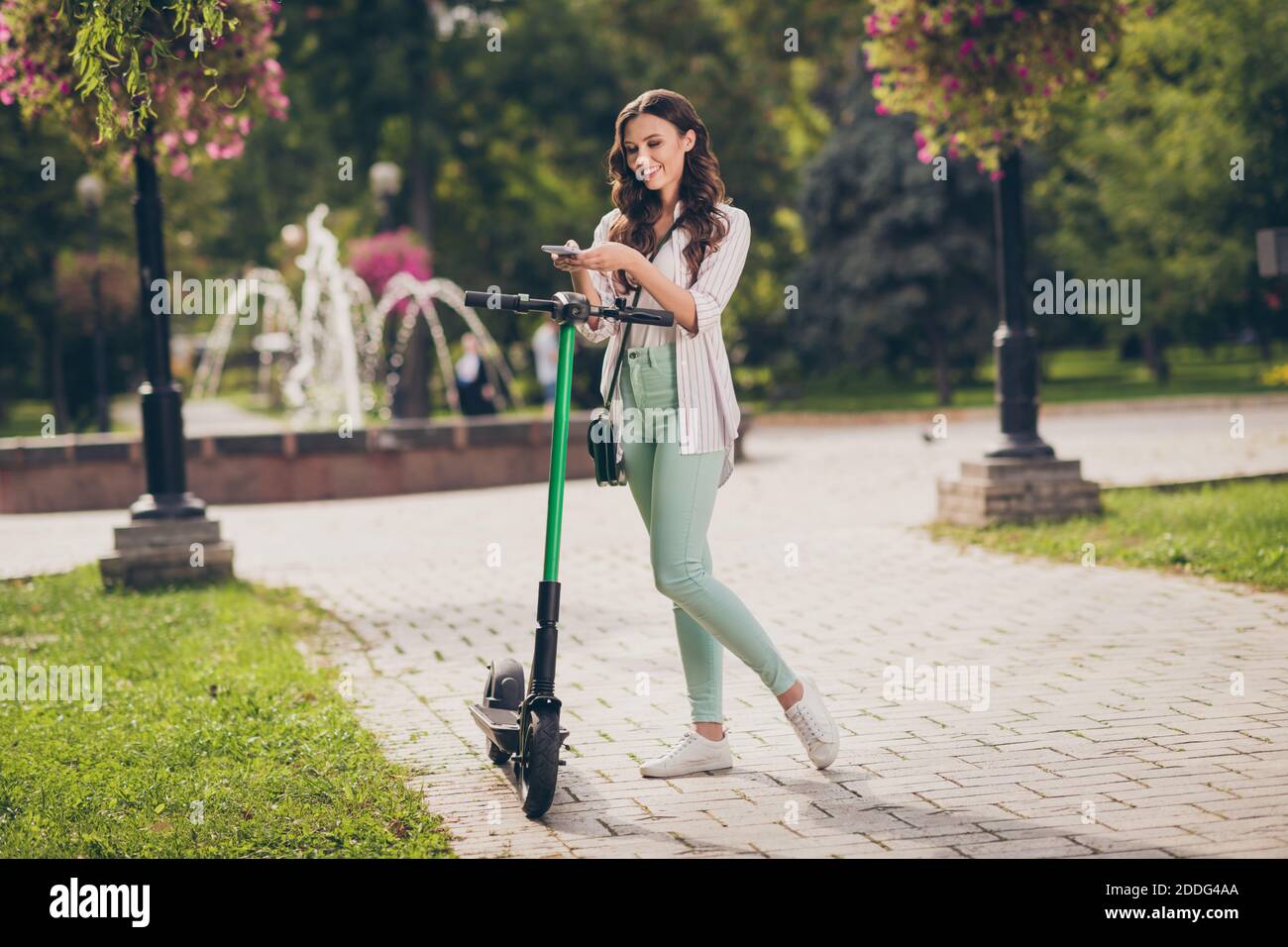 Full size photo of cute wavy hair lady scan segway by telephone wear ...