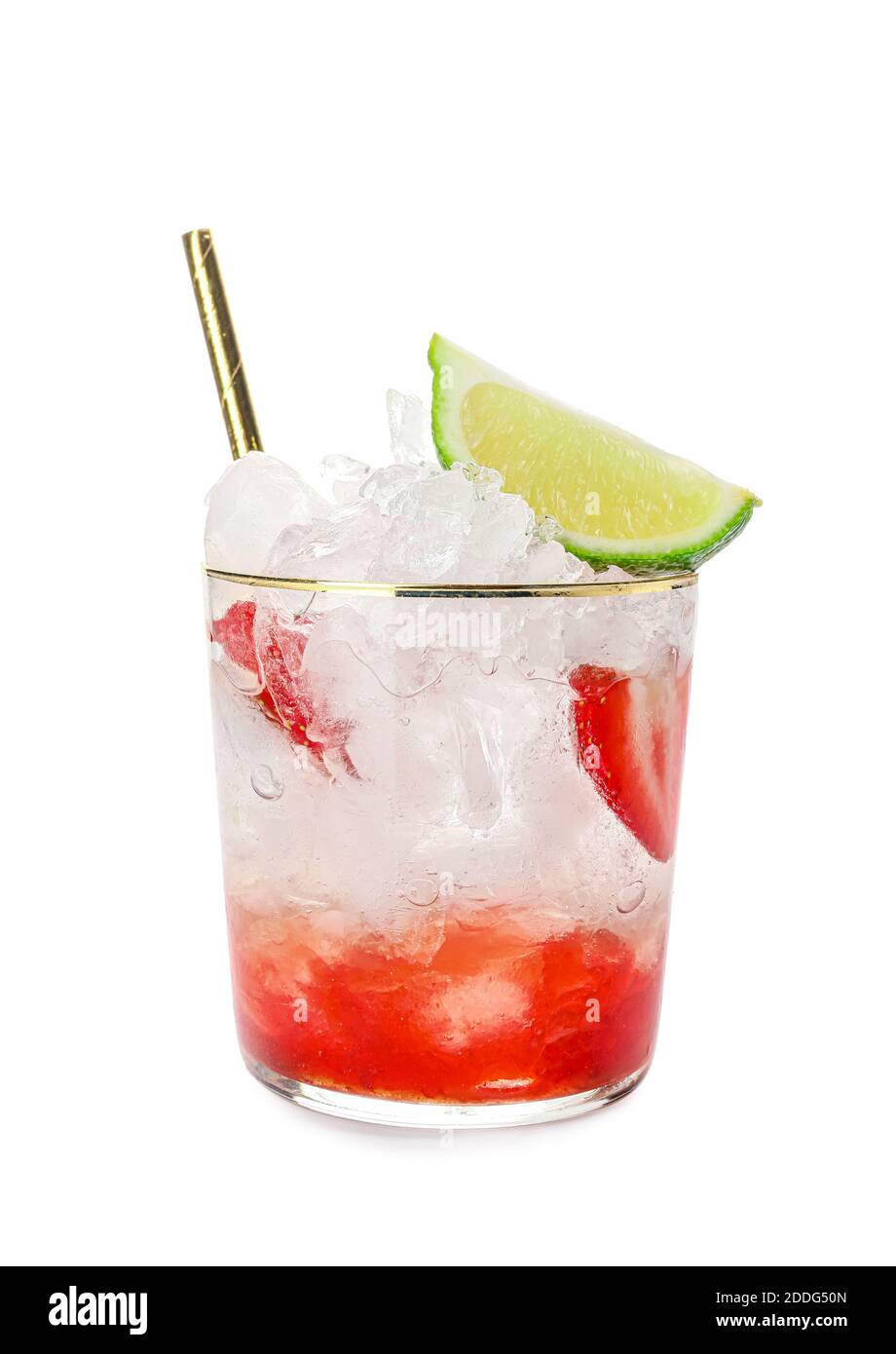 Glass of fresh strawberry lemonade on white background Stock Photo - Alamy