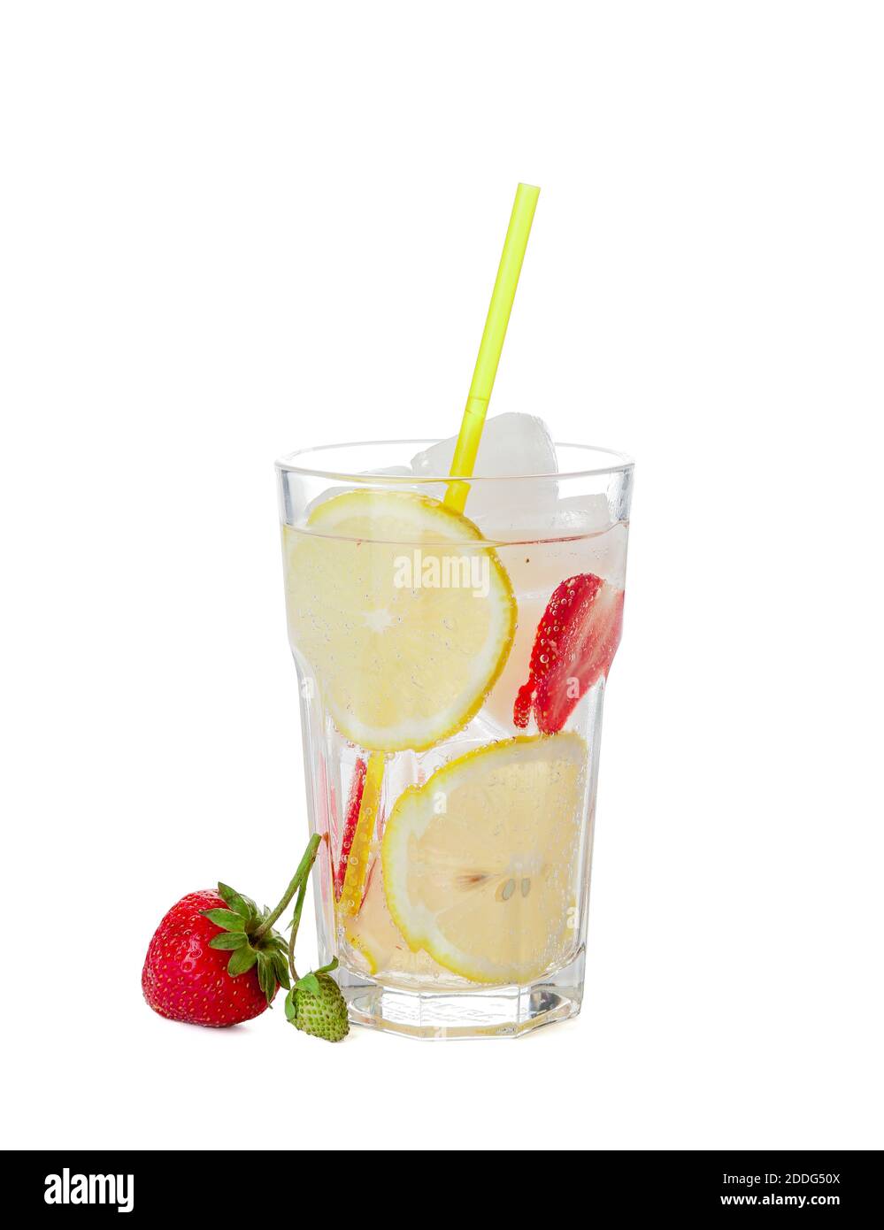 Glass of fresh strawberry lemonade on white background Stock Photo - Alamy