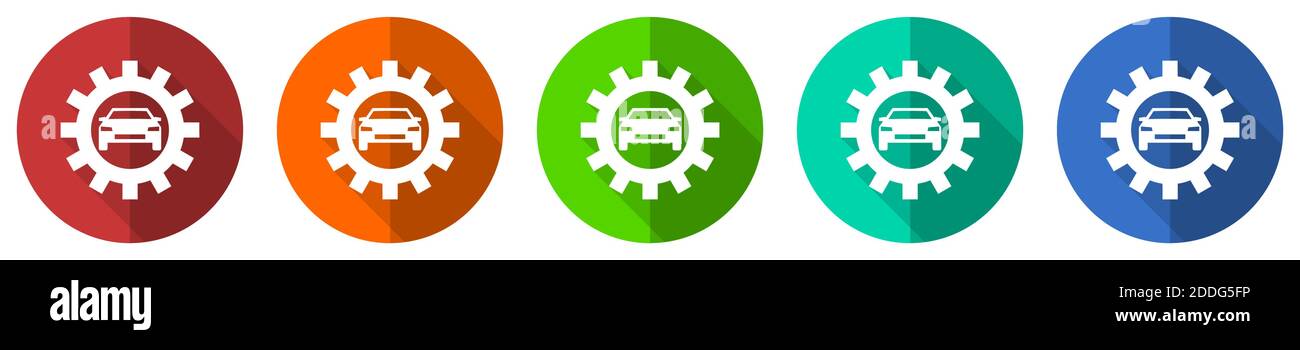 Auto service vector icon set, red, blue, green and orange flat design ...