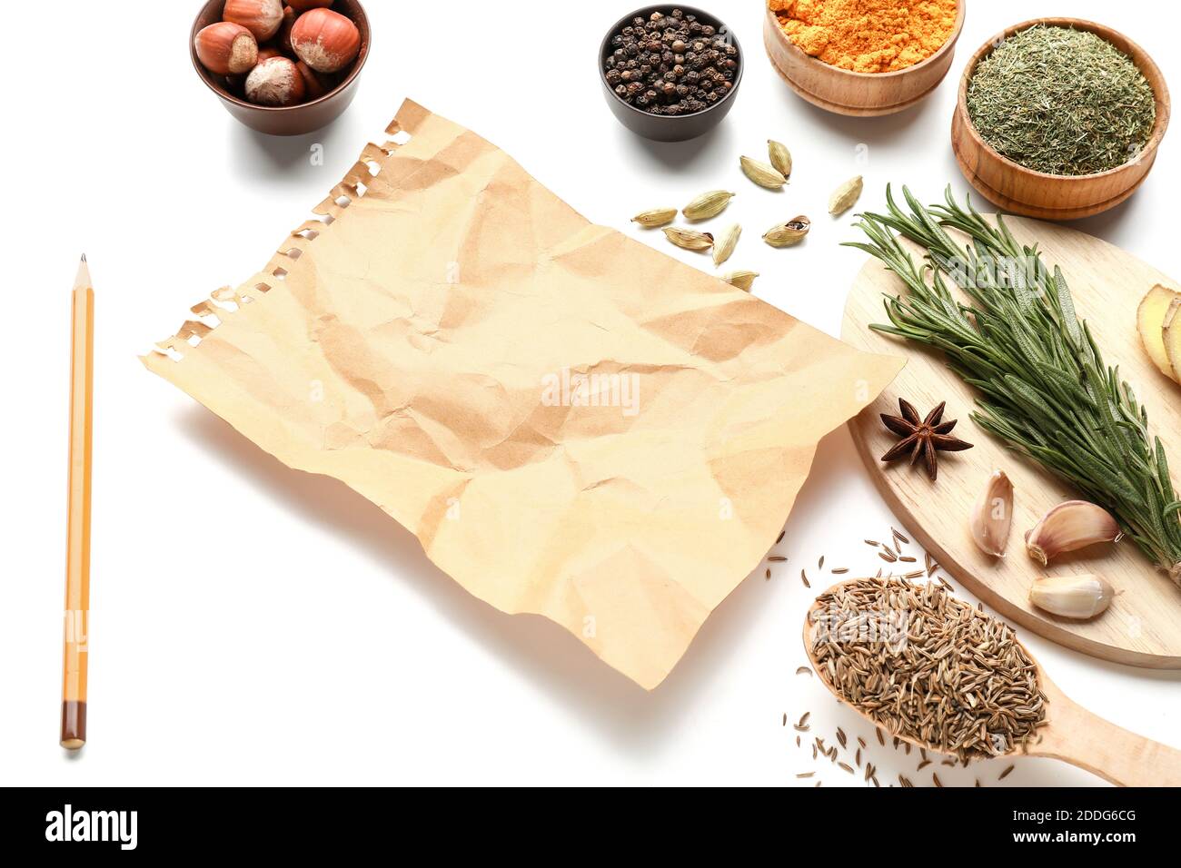 Old paper for recipes with various spices on white background Stock ...