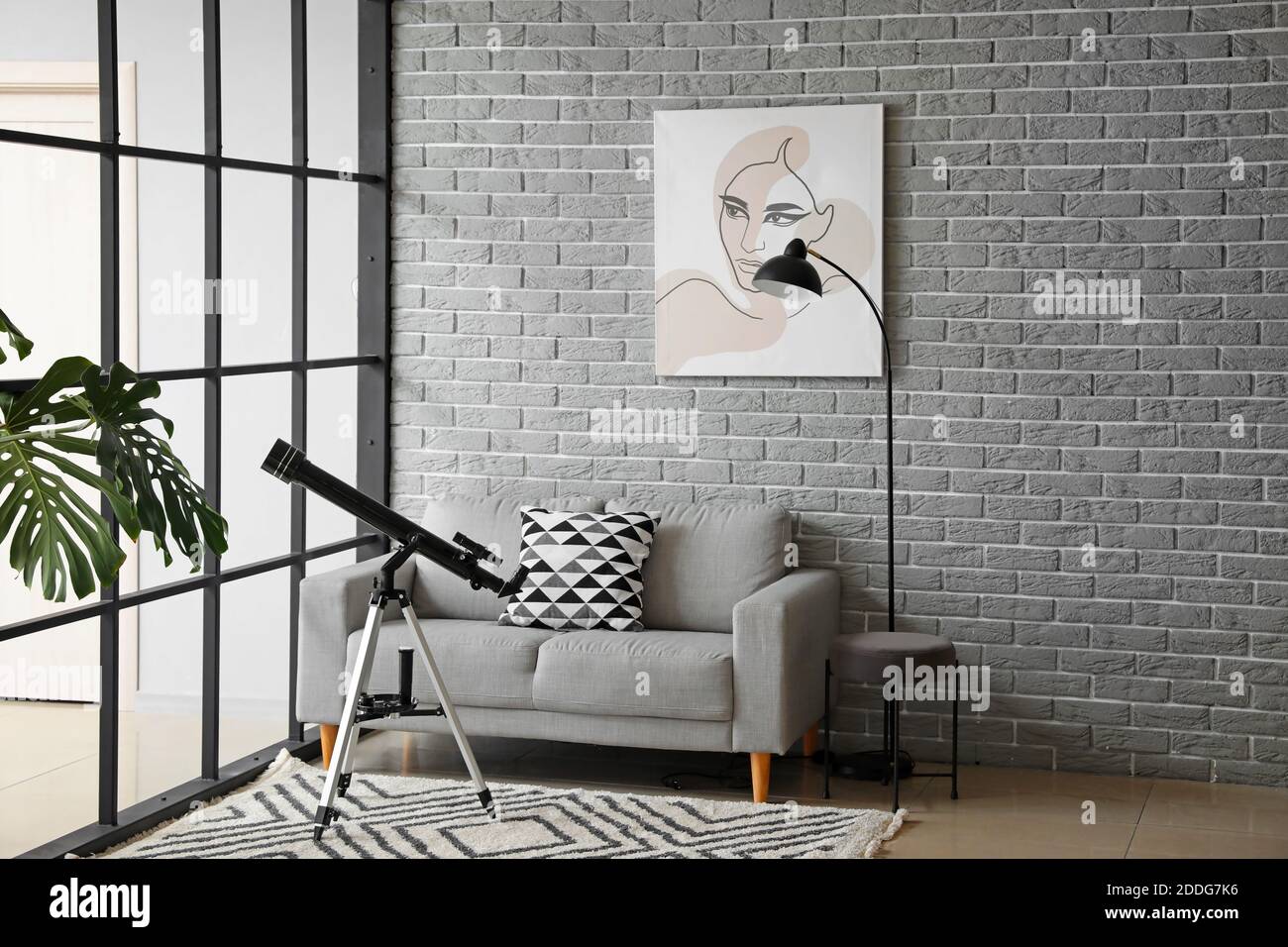 Interior of modern room with telescope Stock Photo - Alamy