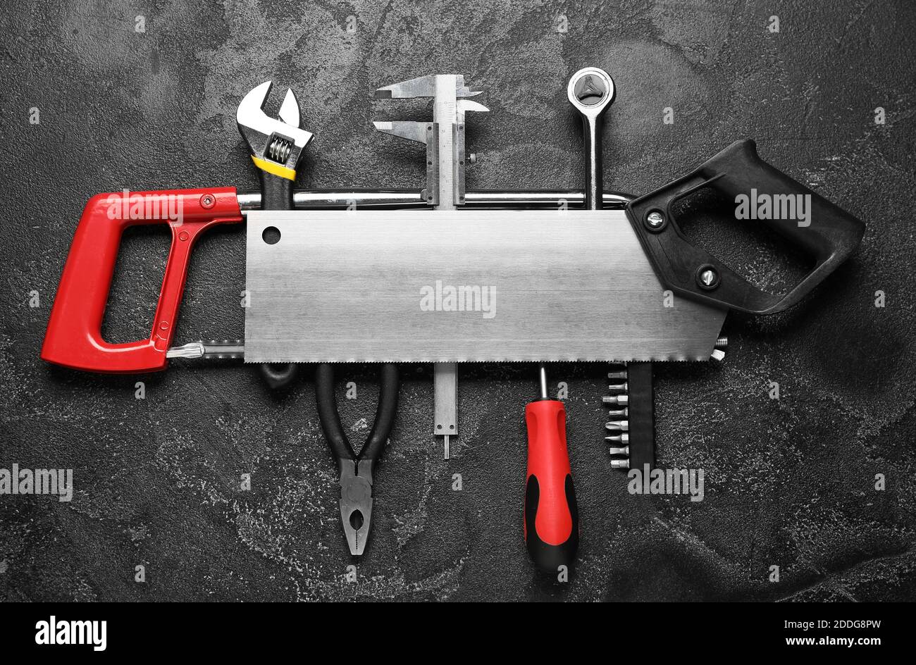Set of construction tools on dark background Stock Photo - Alamy
