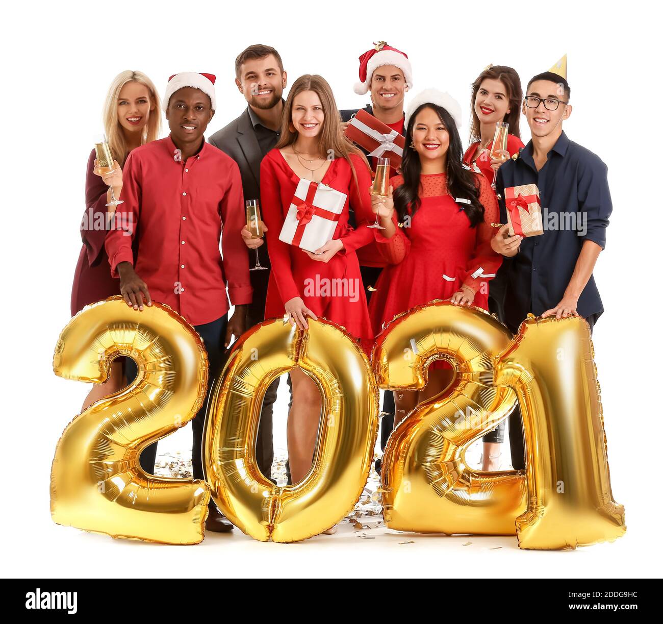 Young people with gifts and air balloons on white background. Happy ...