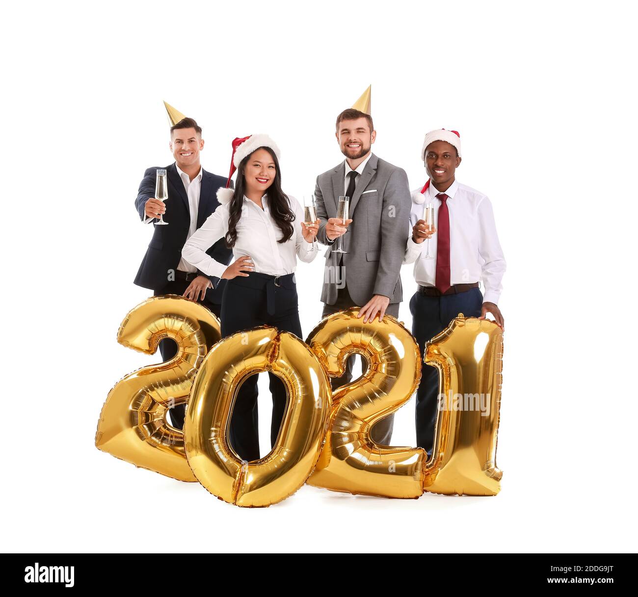 Young people with glasses of champagne and air balloons on white ...