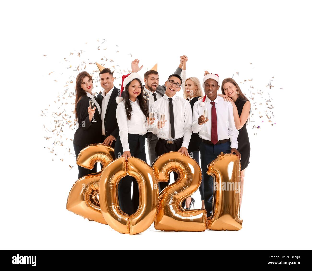 Young people with glasses of champagne and air balloons on white ...