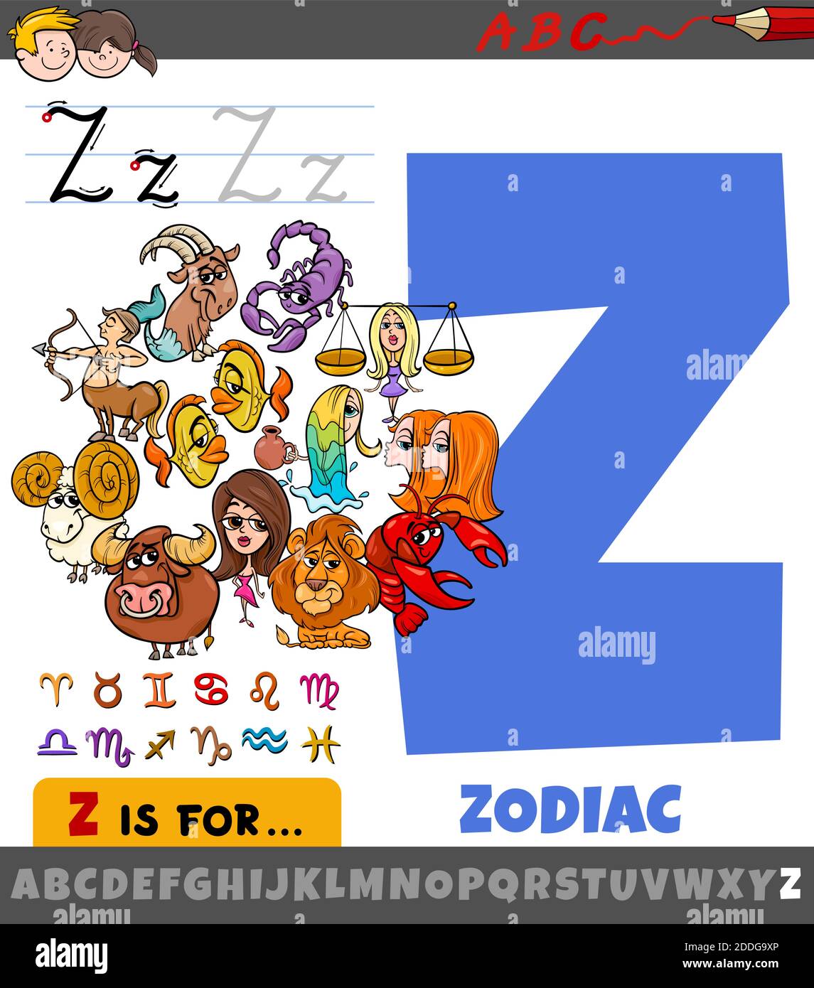 Educational cartoon illustration of letter Z from alphabet with zodiac ...