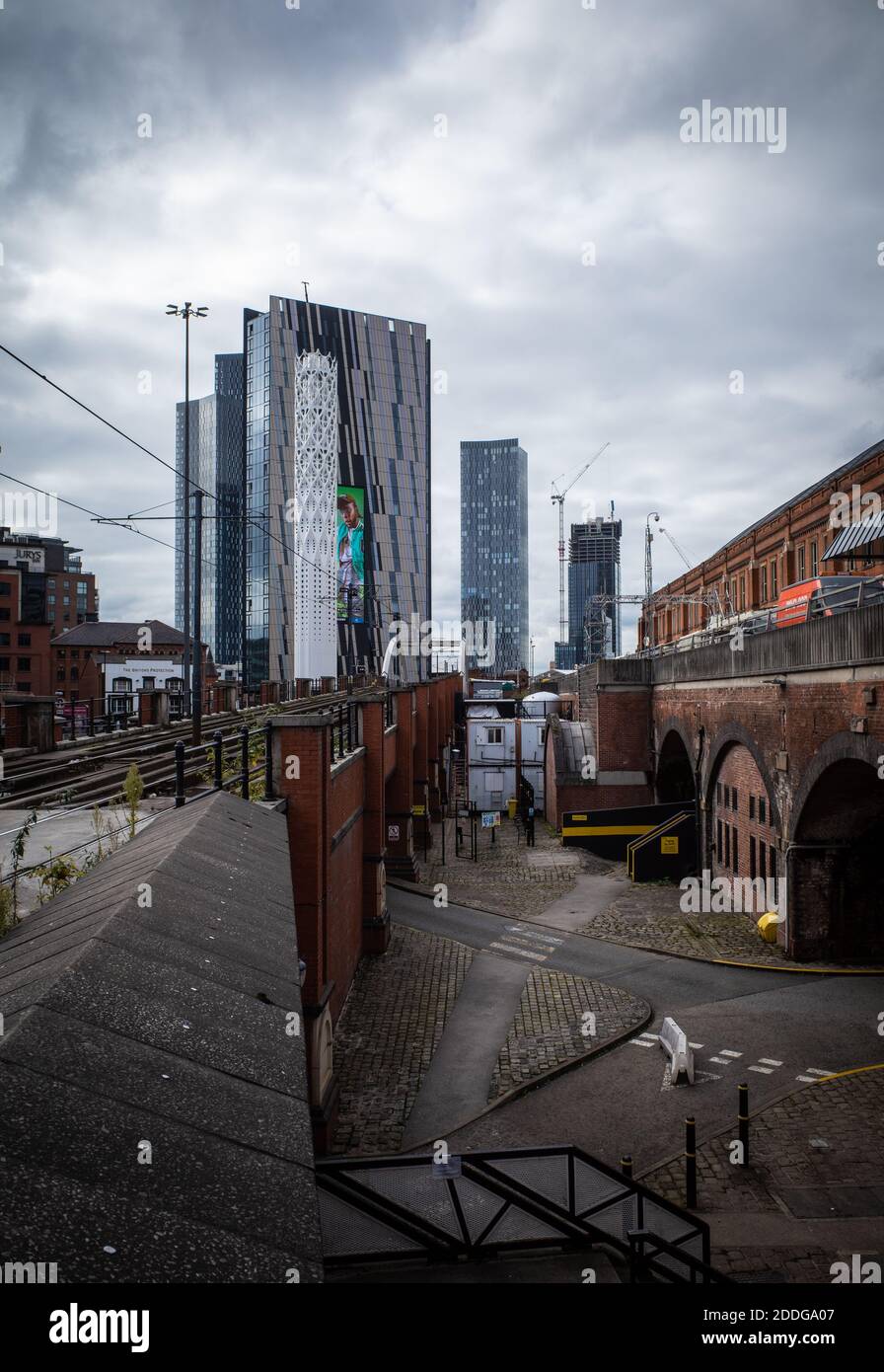 tower of light, manchester showing railway, skyscrapers and red brick ...