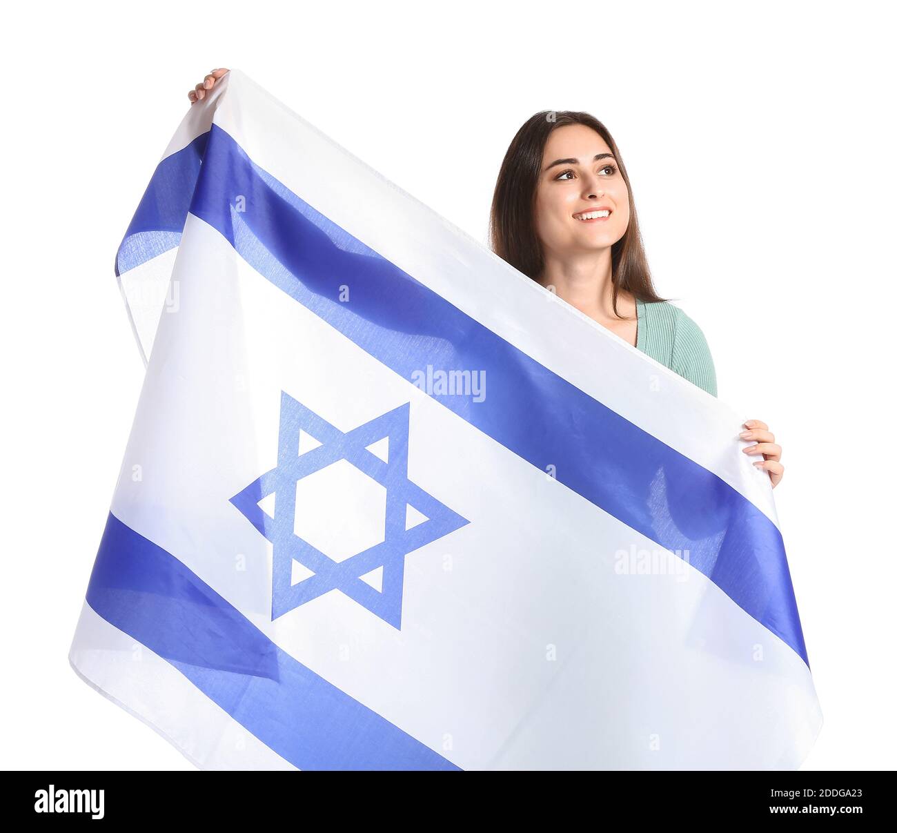 Young woman with the flag of Israel on white background Stock Photo - Alamy