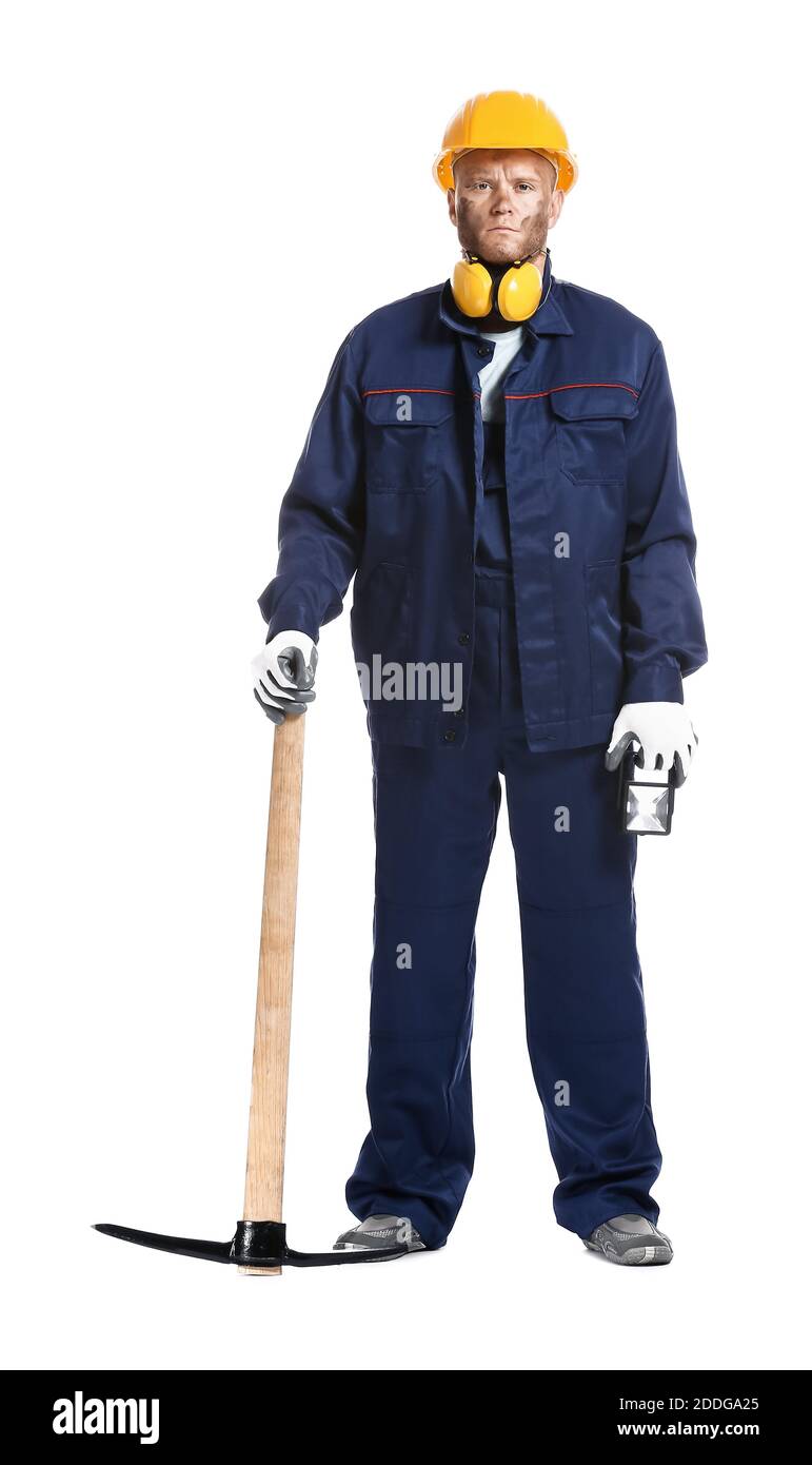 Miner man with pick axe on white background Stock Photo - Alamy