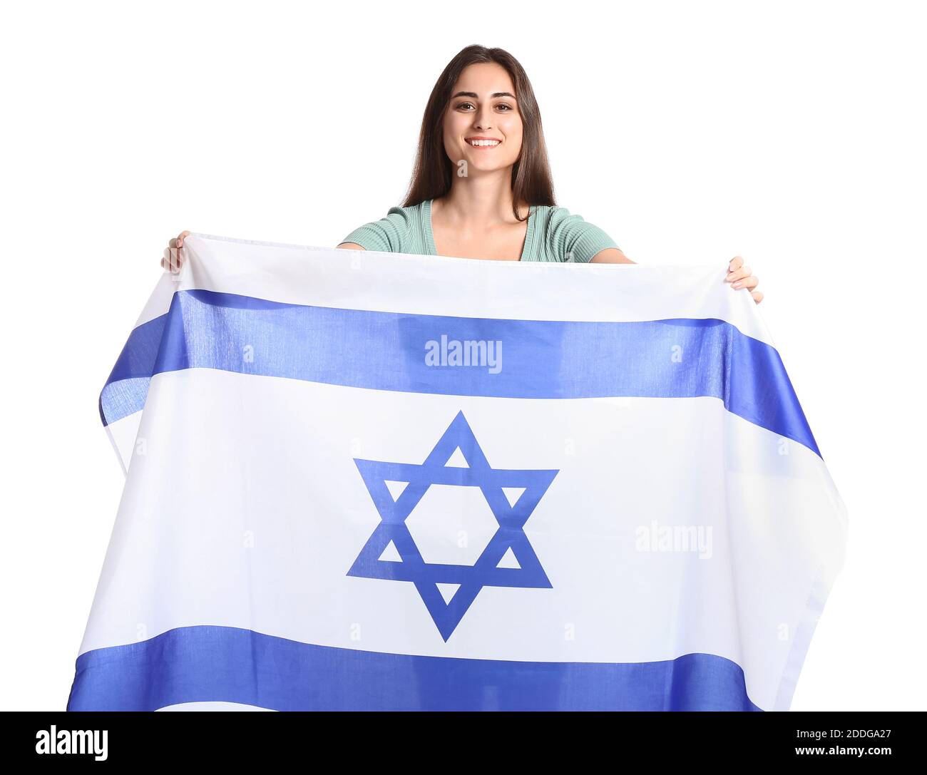 Young woman with the flag of Israel on white background Stock Photo - Alamy