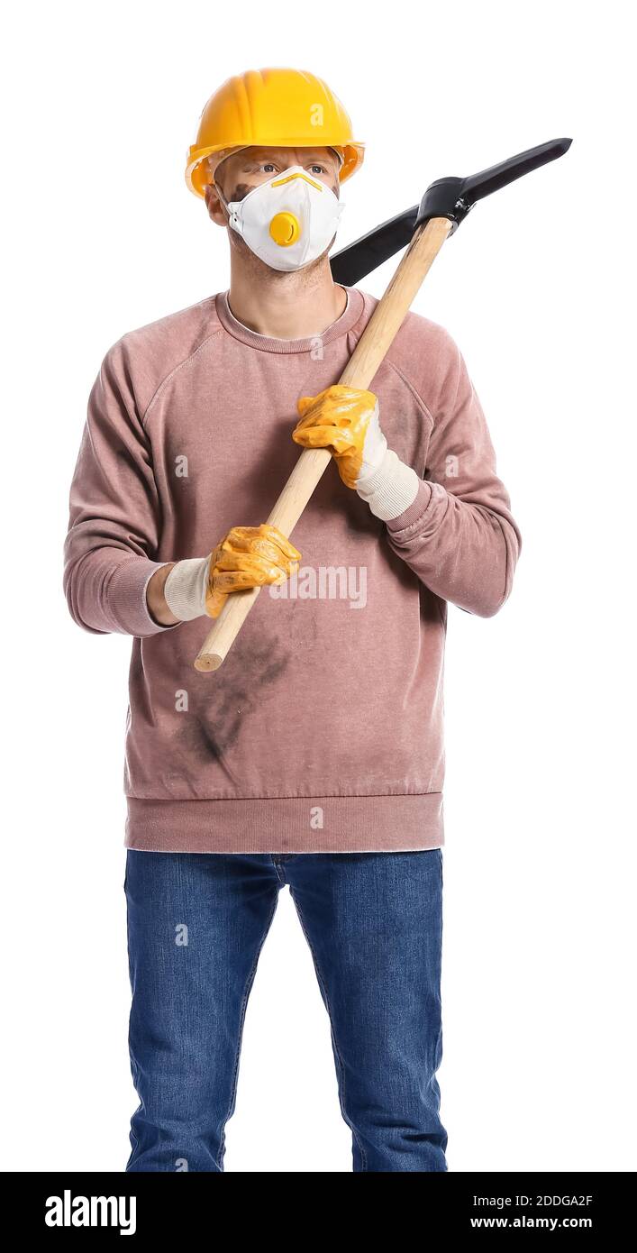 Miner man with pick axe on white background Stock Photo - Alamy