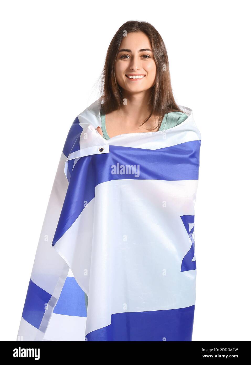 Young woman with the flag of Israel on white background Stock Photo - Alamy