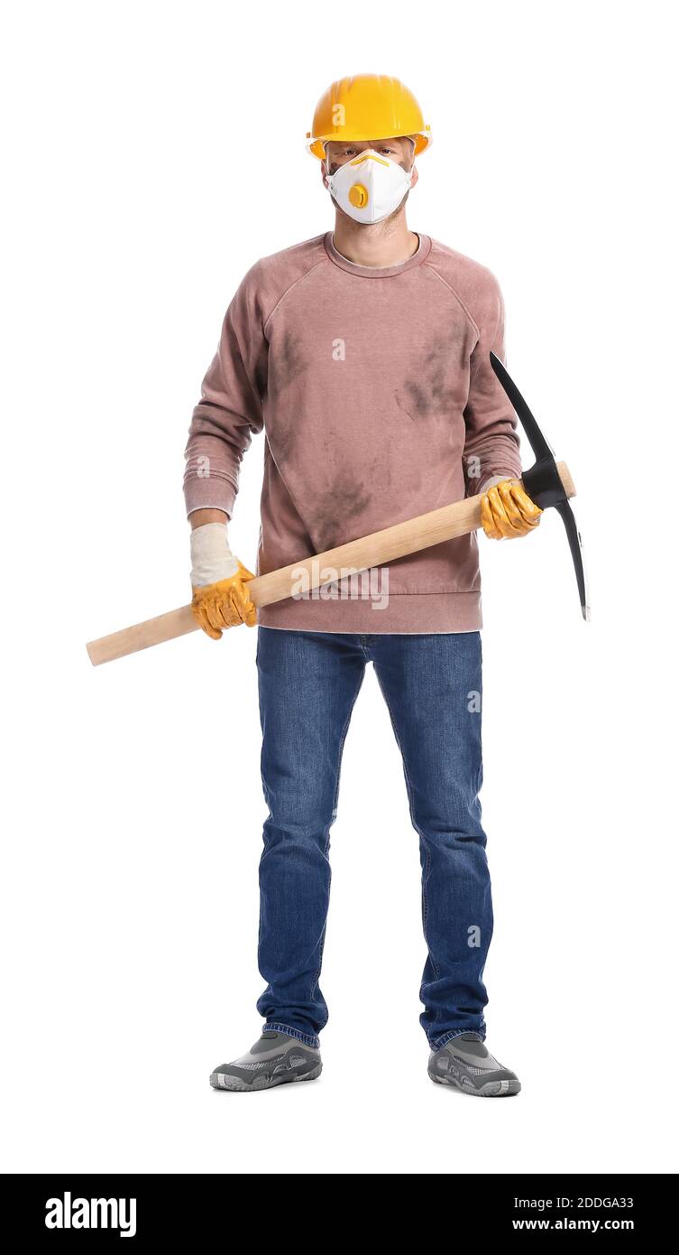 Miner man with pick axe on white background Stock Photo - Alamy