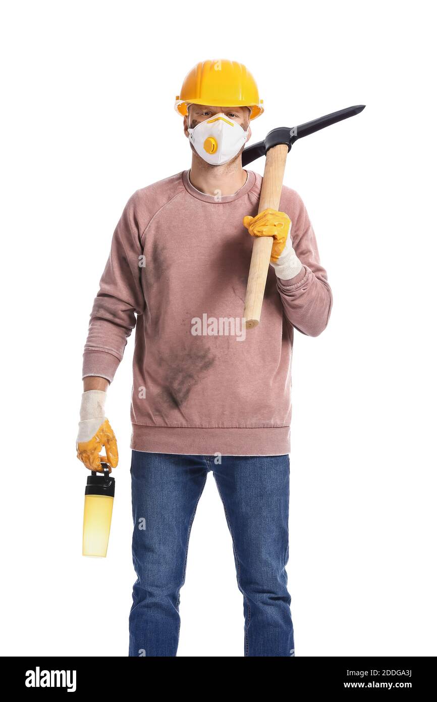 Miner man with pick axe on white background Stock Photo - Alamy